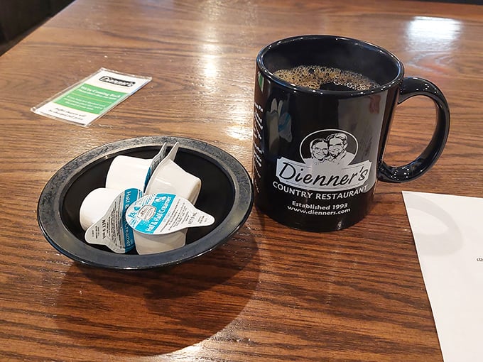 A sturdy mug of coffee served in Dienner's signature mug &ndash; the perfect companion for contemplating whether you have room for that second slice of pie.
