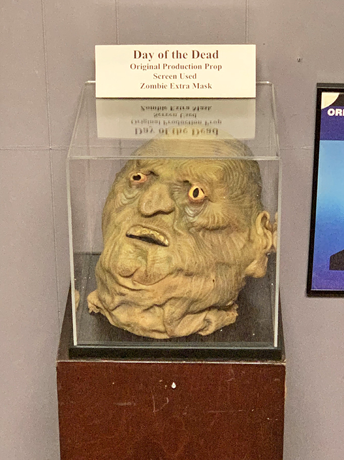 This eerily lifelike mask once adorned an extra in "Day of the Dead." Someone's nightmare became cinema history, now preserved behind protective glass.