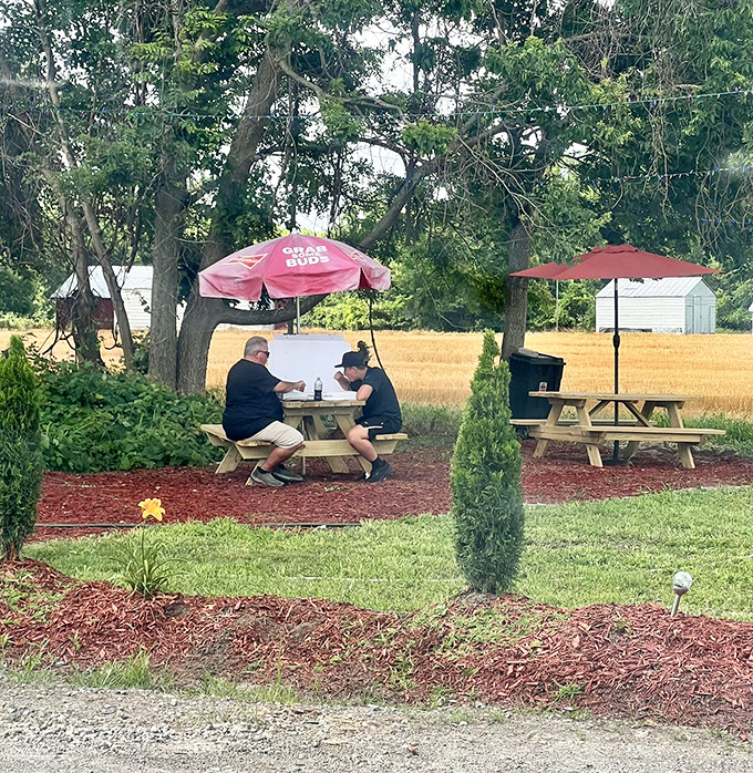 Two gentlemen enjoying pizza diplomacy under umbrellas &ndash; proving that outdoor dining in Michigan isn't just possible, it's downright civilized.