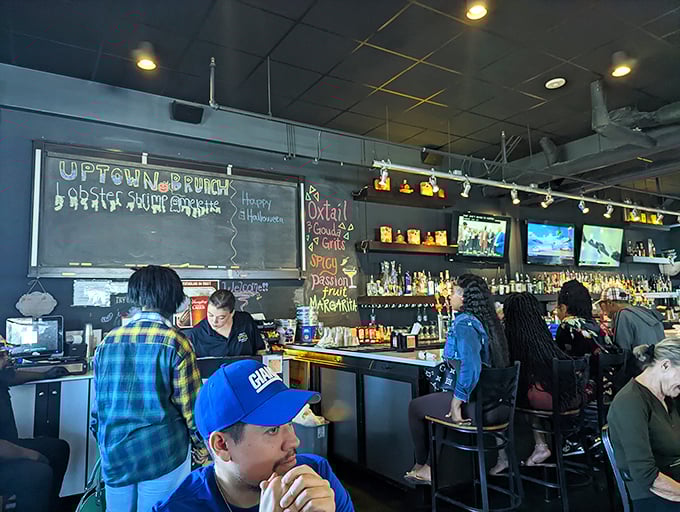 Weekend brunch brings a lively crowd to the bar. The chalkboard menu tempts with brunch cocktails while patrons debate between sweet or savory.