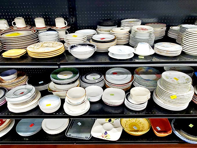 Stacks of plates and bowls create a ceramic landscape, each piece having served countless meals before arriving at this way station to new kitchens.