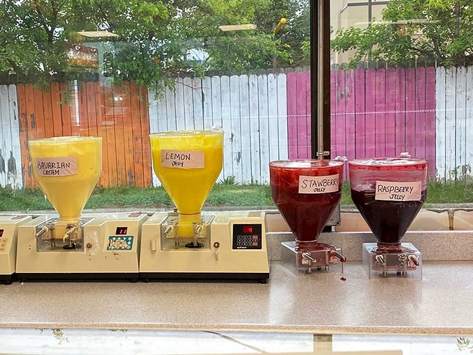 Fruit slushies in primary colors that would make Mondrian jealous. The perfect sweet counterpoint to all that fried dough.