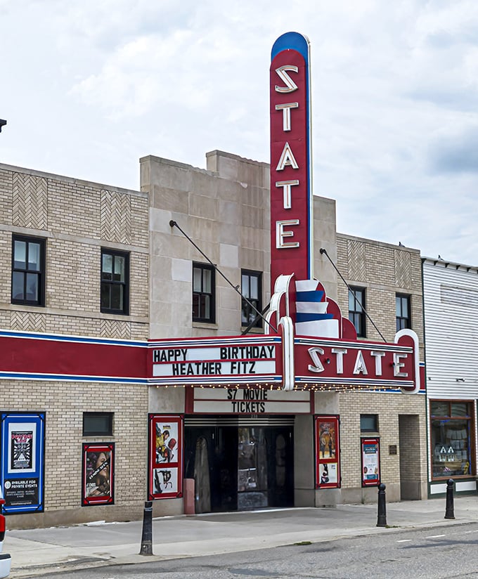 The Historic State Theater's neon sign has guided moviegoers for generations. This Art Deco gem brings Hollywood to the edge of the wilderness.