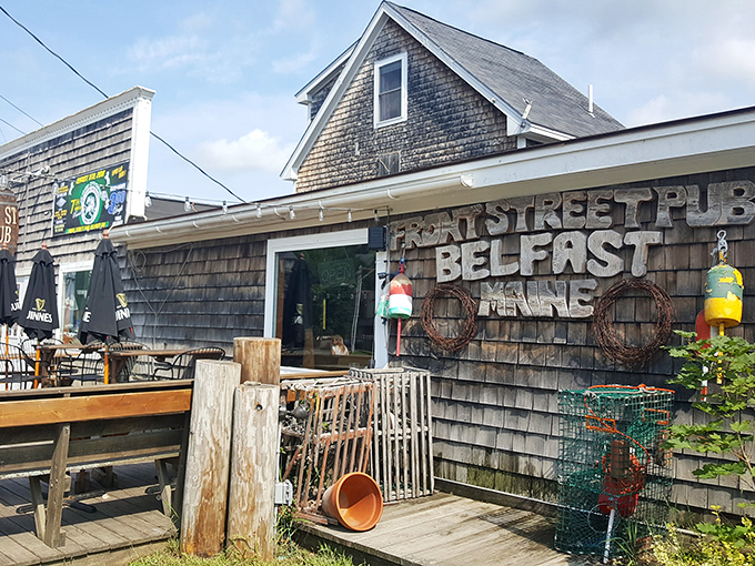 Front Street Pub embraces Belfast's maritime heritage with weathered shingles and lobster buoys&mdash;seafood tastes better with authenticity.