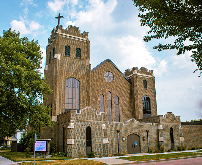 Grace Lutheran Church's stunning brick towers reach skyward like a medieval castle transplanted to the prairie. Architectural beauty that stops you in your tracks.