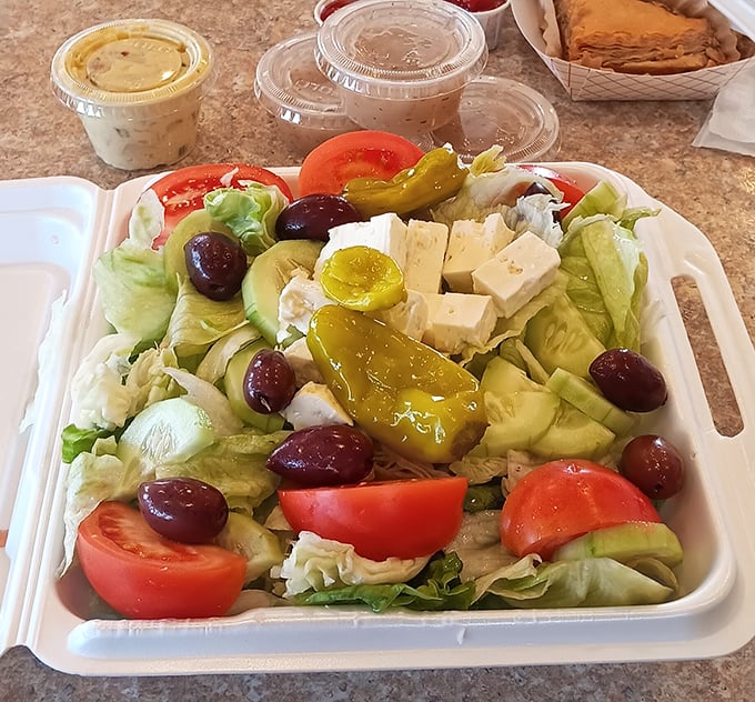 A Greek salad that doesn't skimp on the good stuff &ndash; plump olives, substantial feta chunks, and vegetables that actually taste like vegetables.