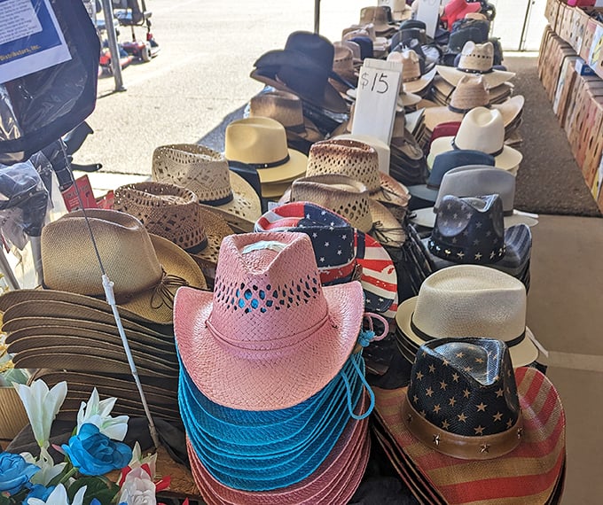 Hat heaven for sun-soaked shoppers. That pink cowboy number isn't just making a fashion statement—it's declaring war on UV rays.