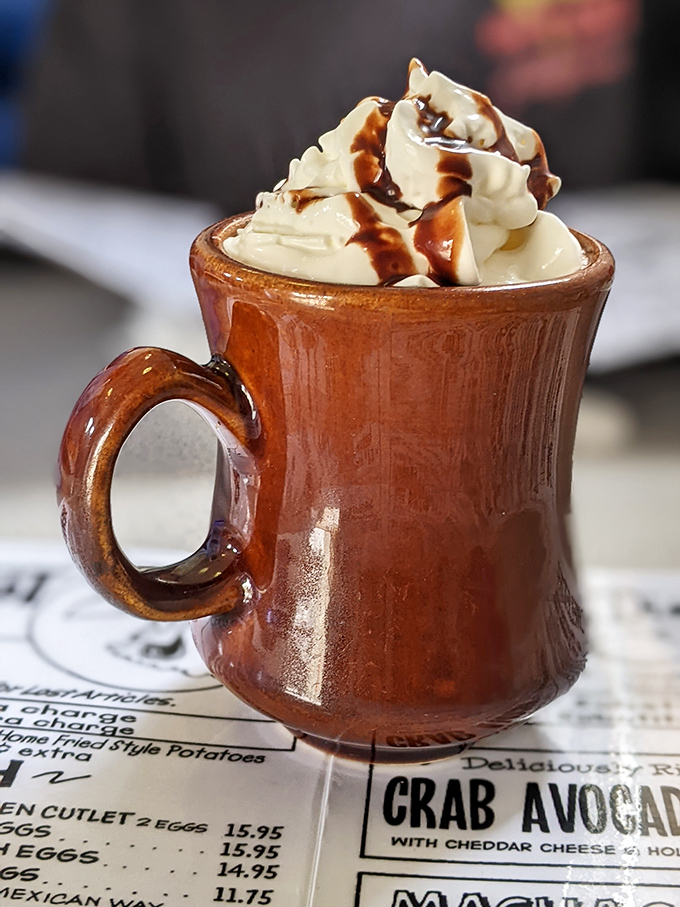 Hot chocolate that doesn't just arrive—it makes an entrance. That whipped cream mountain with chocolate drizzle is basically dessert in disguise.