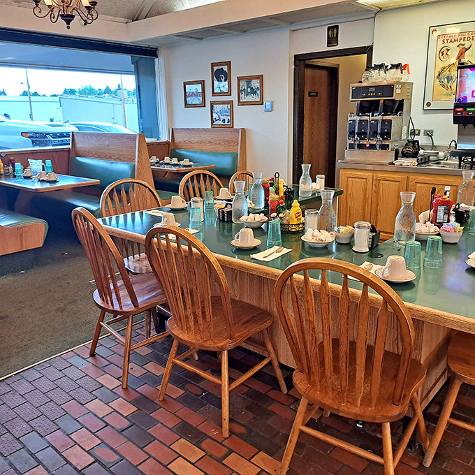 The counter seating&mdash;where solo diners become temporary family and the coffee refills flow like conversation. Wyoming hospitality in its natural habitat.
