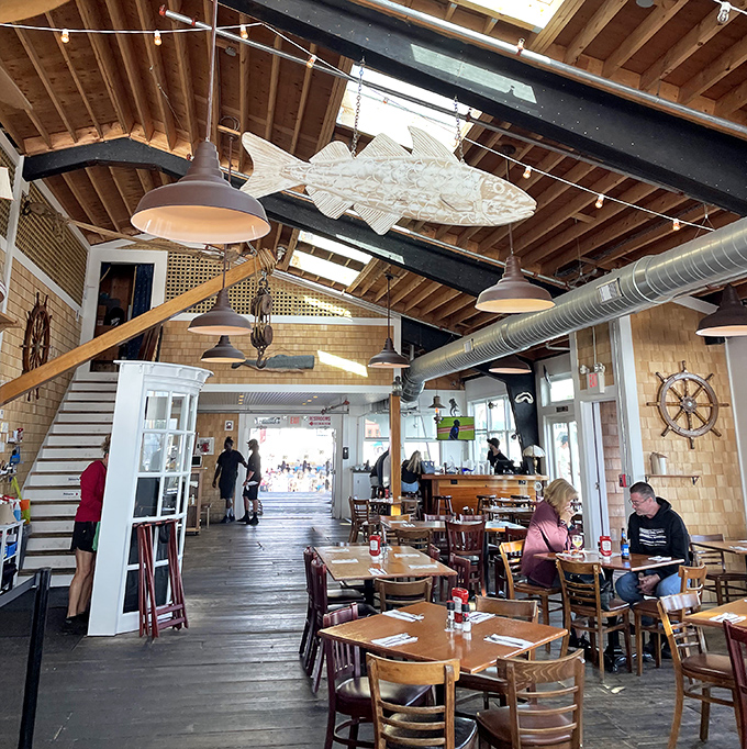 Nautical charm dialed to eleven&mdash;that fish suspended from the ceiling has seen more happy diners than a wedding photographer.
