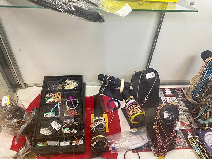 Bracelets, necklaces, and bangles sparkle under glass like a pirate's treasure chest gone retail.