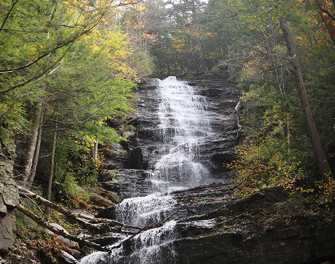 Lye Brook Falls cascades down like nature's staircase. This multi-tiered waterfall rewards hikers with a front-row seat to geological poetry in motion.