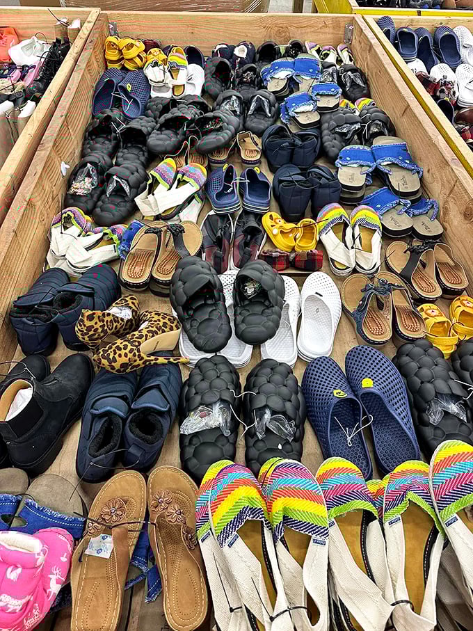 Footwear fiesta! From cozy slippers to summer sandals, this bin contains enough options to satisfy even the most dedicated shoe collector.