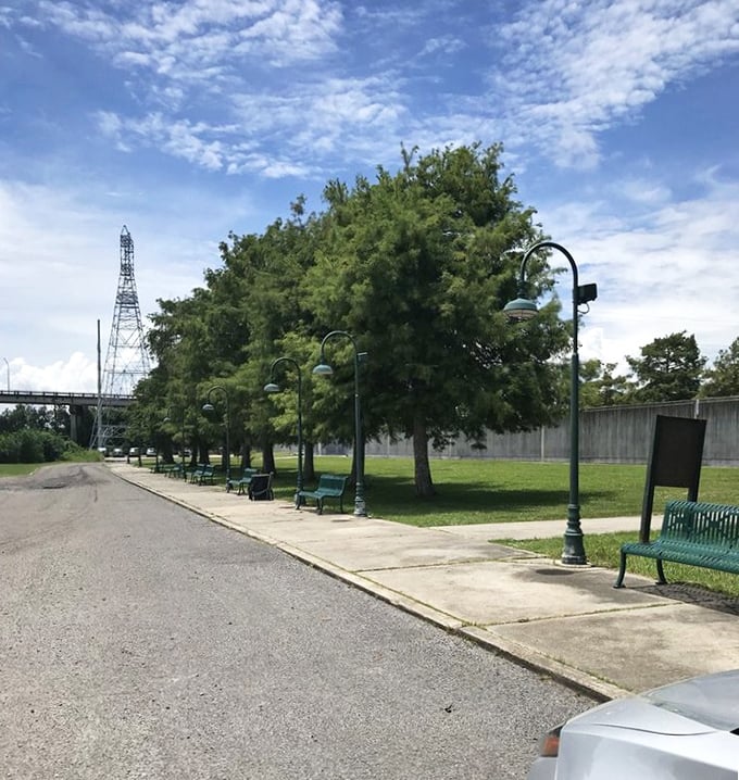 Vintage-style lampposts line this peaceful promenade, creating a scene straight out of a Southern novel. Tennessee Williams would approve.