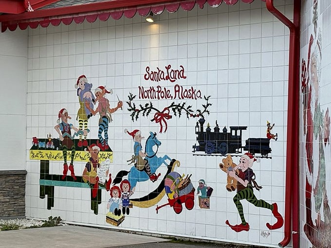 Whimsical murals transform ordinary walls into storybook scenes. These elves look suspiciously more relaxed than during December's rush.