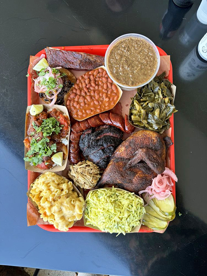 The ultimate BBQ United Nations&mdash;where pulled pork, brisket, beans, greens, and mac all gather for a delicious summit on your tray.