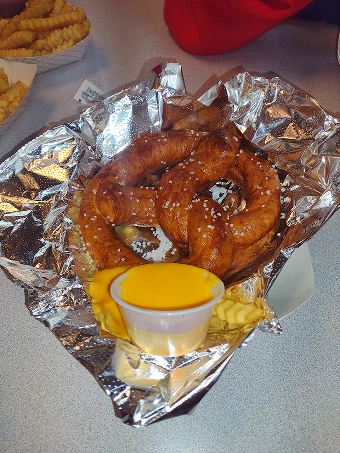 That pretzel has the golden-brown sheen of a summer tan and enough salt to make your cardiologist wince. Worth it.