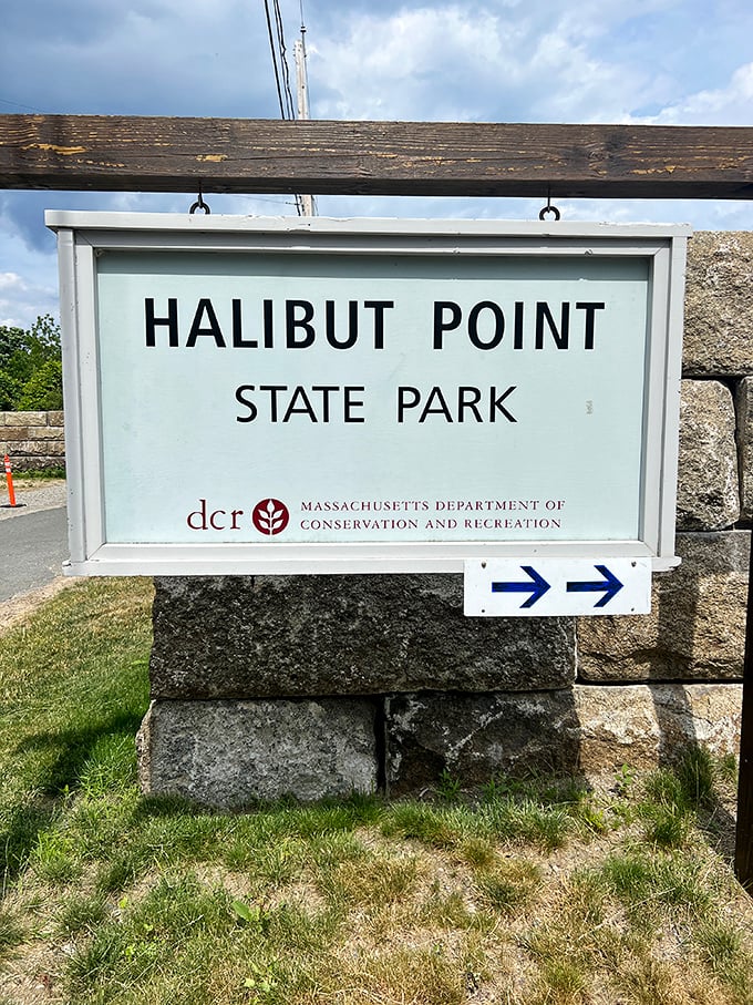 The entrance sign promises adventure while granite blocks stand guard, like sentinels from the quarrying days of yesteryear.