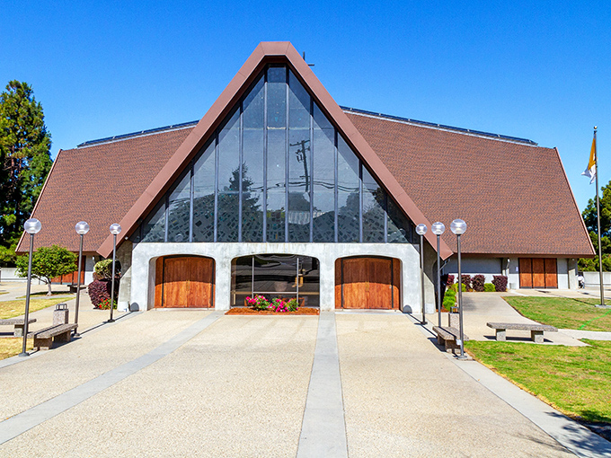 This church's dramatic A-frame design reaches skyward like a spiritual exclamation point amid Capitola's laid-back coastal punctuation.