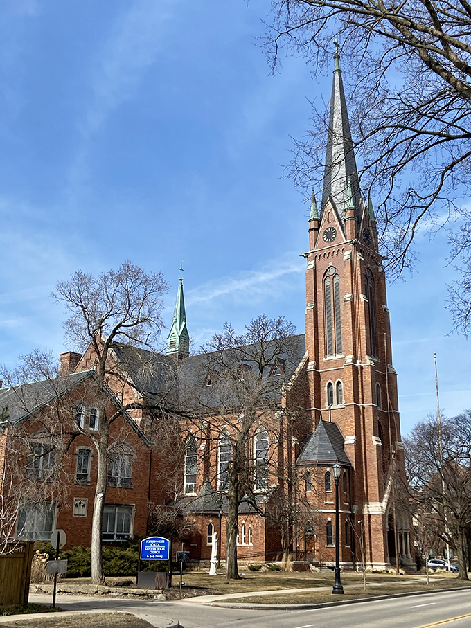 St. Nicholas Catholic Church reaches skyward with its soaring spire, a brick-and-mortar prayer that's been part of Evanston's spiritual landscape for generations.