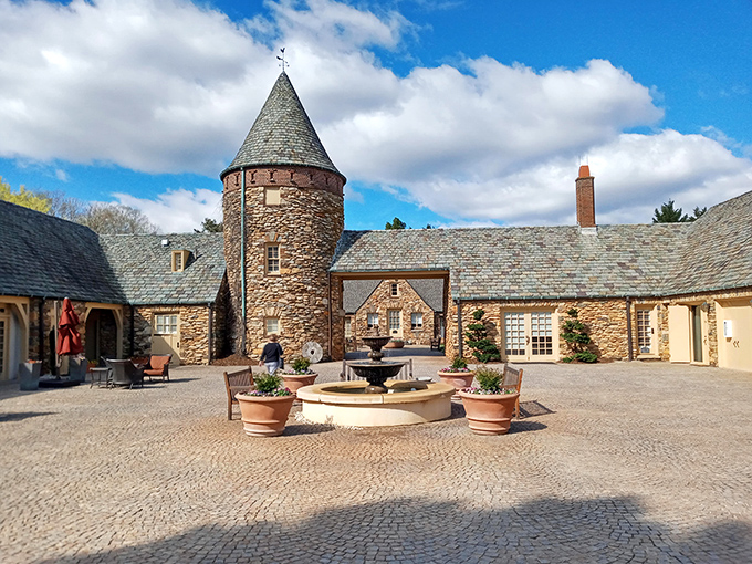 The stone turret and cobblestone courtyard of Graylyn Estate transport visitors to another era, where Downton Abbey meets Southern hospitality.