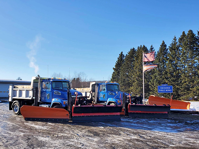 Even the snow removal equipment in Van Buren has personality. These blue workhorses stand ready to battle Maine's legendary winters.