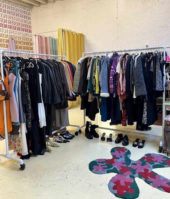 A clothing rack that whispers "try me on" and a colorful floor that screams "take a photo here." Shopping as interactive art.