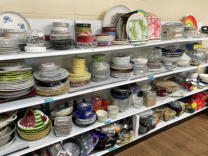 Dish department: where mismatched plates become "eclectic table settings" and your grandmother's pattern might be waiting for reunion.