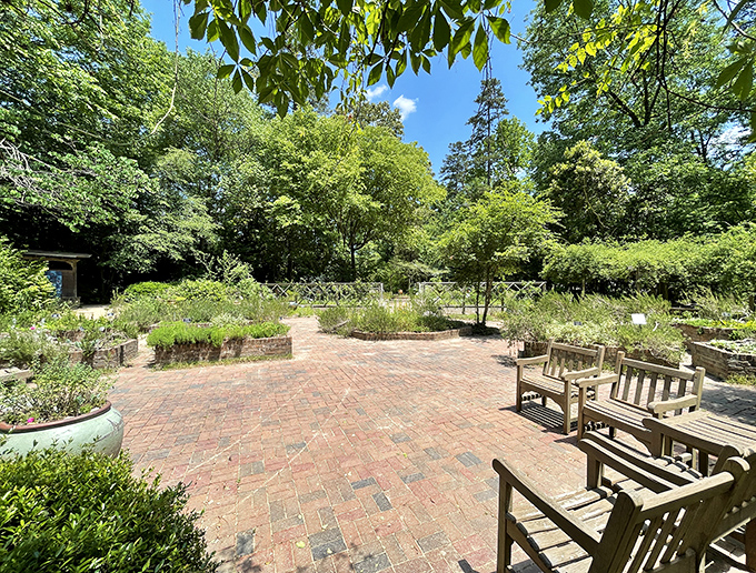 A brick courtyard sanctuary with benches perfectly positioned for people-watching &ndash; or more accurately, plant-watching. Nature's theater in the round.