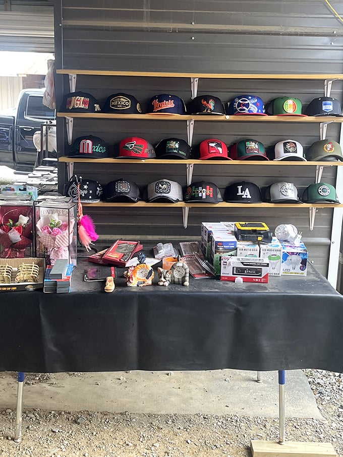 Cap collectors rejoice! Sports team loyalty displayed in rows of pristine headwear for fans of every franchise.