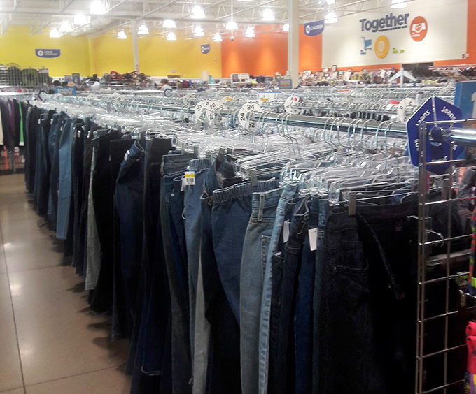 The denim section stretches to infinity, a sea of blue possibilities where your next favorite jeans await discovery.