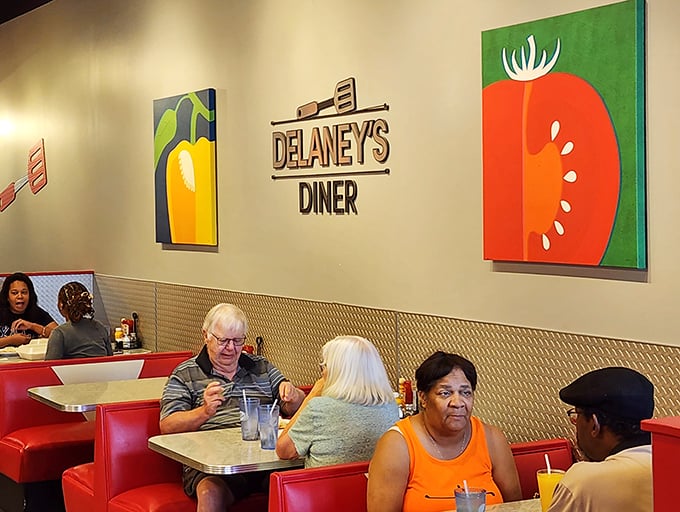 Where strangers become neighbors over eggs and coffee. The colorful food-themed artwork watching over diners is the perfect backdrop for morning conversations.