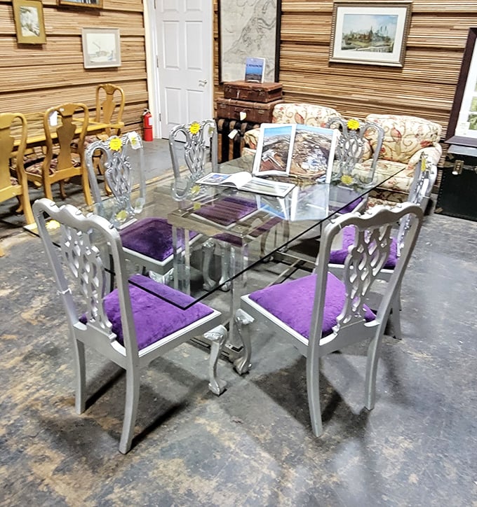 Silver and purple create unexpected dining drama. This glass-topped table set isn't just furniture&mdash;it's a statement that says "I have excellent taste and financial sense."