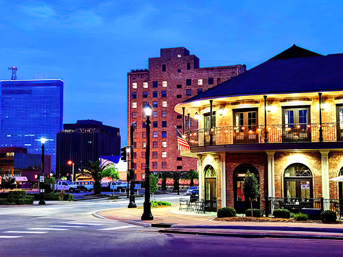 As twilight embraces downtown Lake Charles, the historic architecture glows with possibility &ndash; like a postcard from your future self.