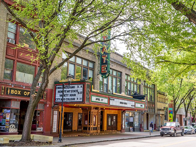 Downtown Ithaca spreads below the hills in autumn glory, looking like someone spilled a box of crayons across the landscape.