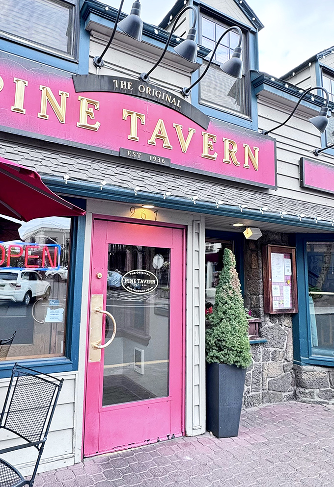 The pink door says "Welcome!" while the stone foundation whispers "I've been here longer than your grandparents have been alive."