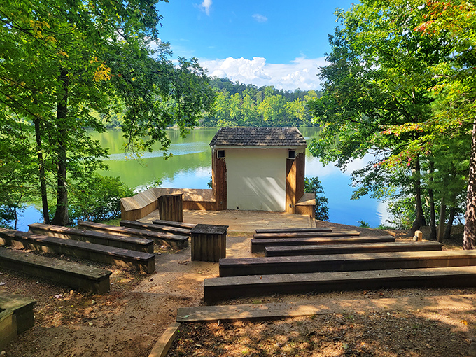 Nature's cathedral provides the perfect backdrop for this lakeside amphitheater. Even Shakespeare would approve of this stage where the only drama comes from spectacular sunsets.