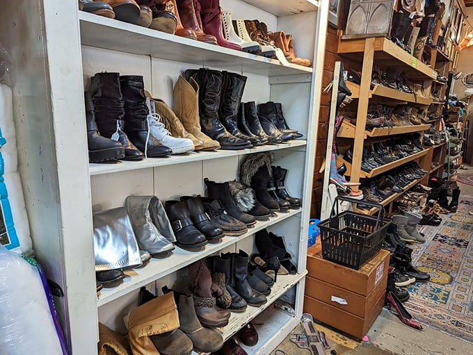 Boot boulevard: where cowboy meets combat, vintage meets practical, and someone's perfect pair waits to walk into a new life.