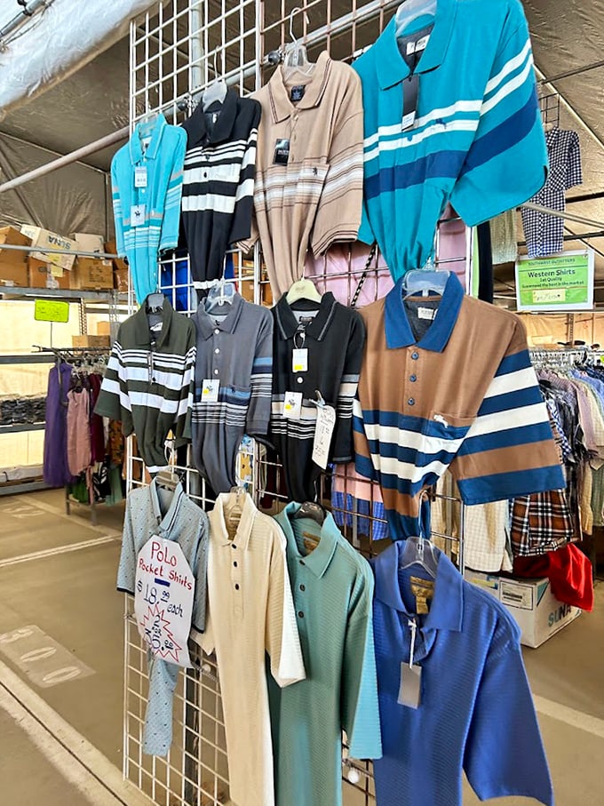 Polo shirts in every hue imaginable hang like a retiree's dream closet&mdash;comfortable, colorful, and conveniently equipped with a pocket for reading glasses.