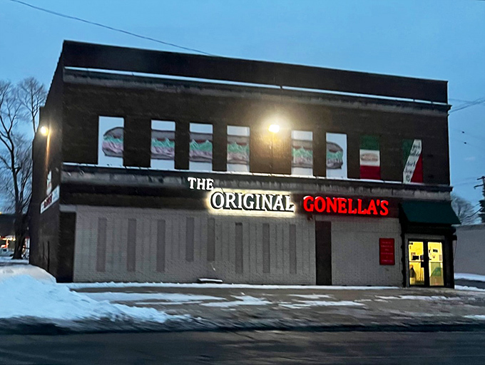 Even in winter, Gonella's glowing sign cuts through the darkness like a beacon, guiding hungry travelers to sandwich salvation.