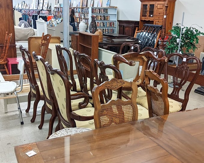Chair-apalooza! This wooden seat symphony showcases everything from "Grandma's formal dining" to "I think this was in The Crown."