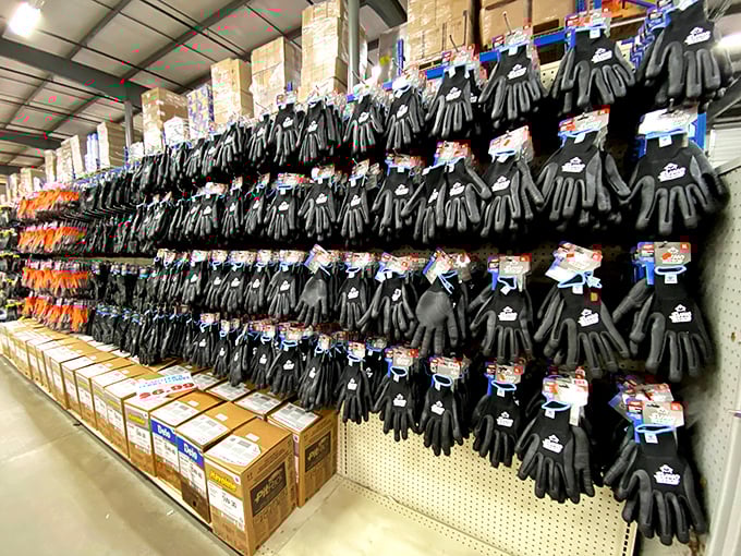 An entire wall of work gloves stands ready for every job imaginable &ndash; from delicate gardening to heavy construction, all at prices that make stocking up irresistible.