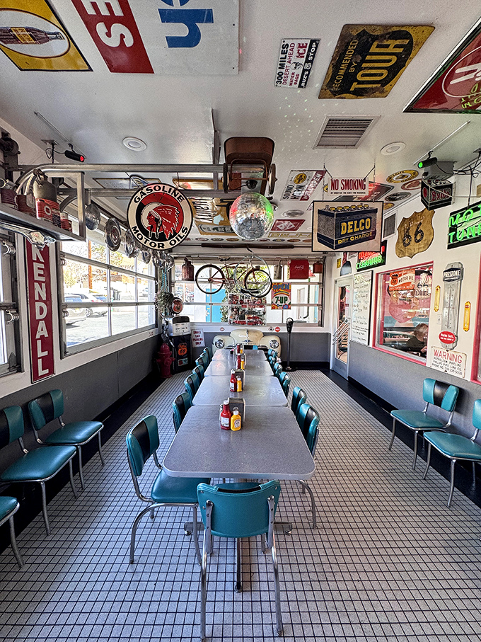 Where vintage meets vinyl&mdash;this dining area's ceiling-to-floor memorabilia collection makes eating here part meal, part museum visit, all pleasure.