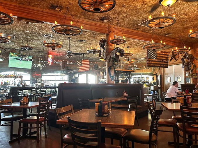 Television screens for sports fans, Western artifacts for history buffs, and enough atmosphere to bottle and sell. This isn't decoration&mdash;it's immersion.