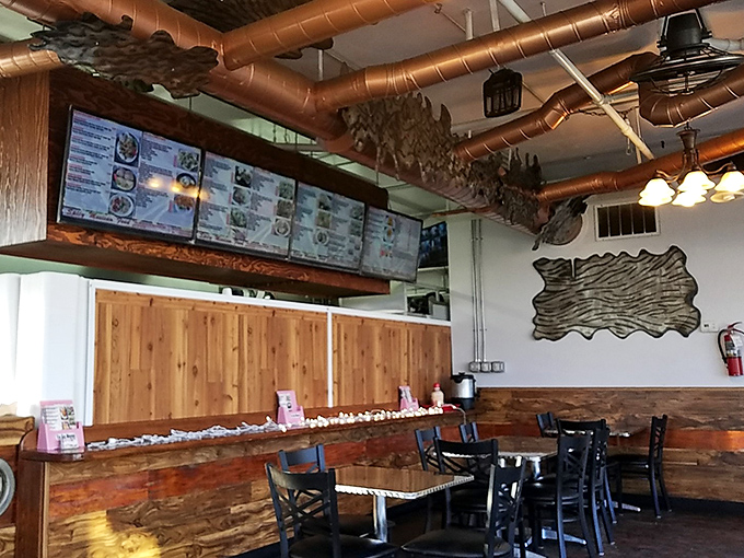 Rustic wooden elements and exposed copper pipes create an atmosphere that's both industrial and warm&mdash;like North Dakota itself.