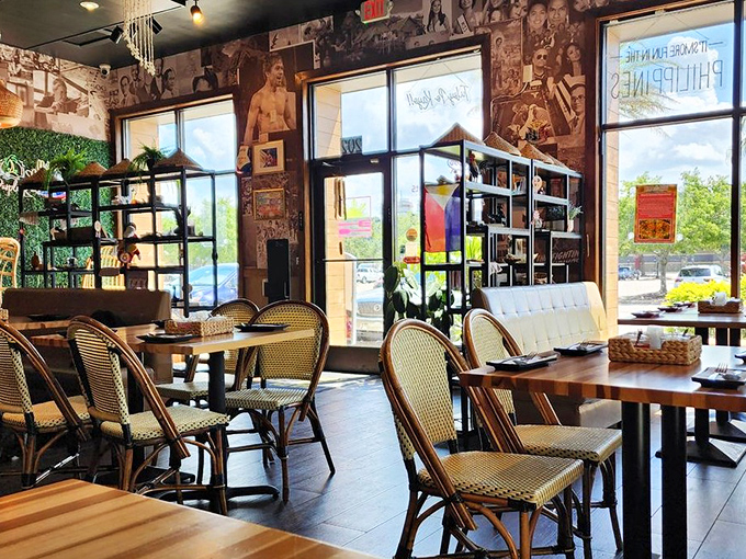 Rattan chairs, wooden tables, and walls covered in Filipino memorabilia create an atmosphere that's both trendy and authentically welcoming.
