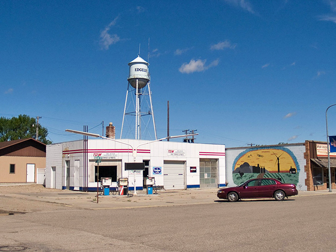 The iconic water tower watches over Main Street like a friendly neighborhood sentinel. In Edgeley, even the infrastructure has personality.