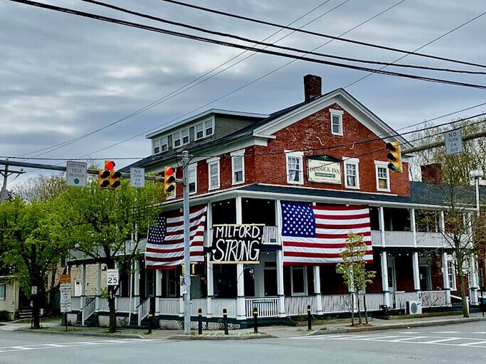 Patriotism meets small-town charm at the Dimmick Inn, where American flags wave a welcome as warm as the meals served inside.