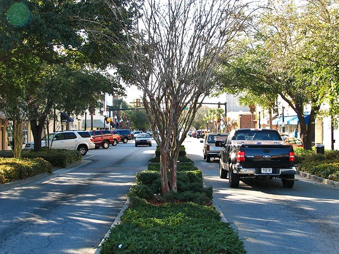 Brunswick's tree-lined main street offers shade, shopping, and the distinct absence of parking meters that eat quarters faster than Vegas slots.