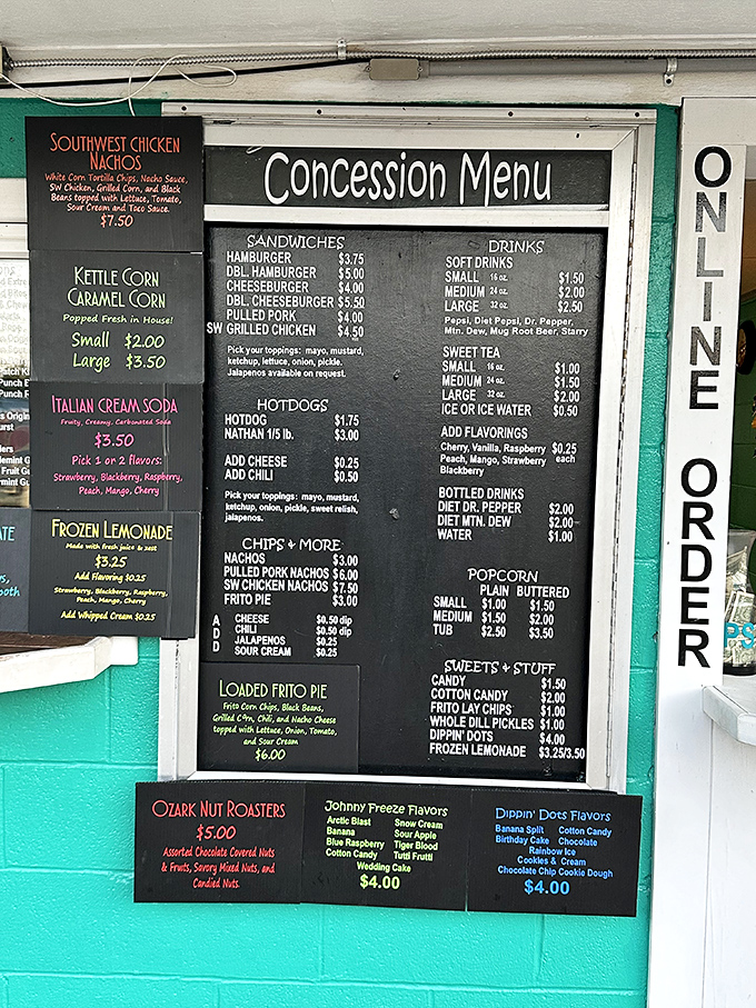 This isn't just a menu; it's a roadmap to happiness featuring Southwest Chicken Nachos and Kettle Corn that puts microwave varieties to shame.